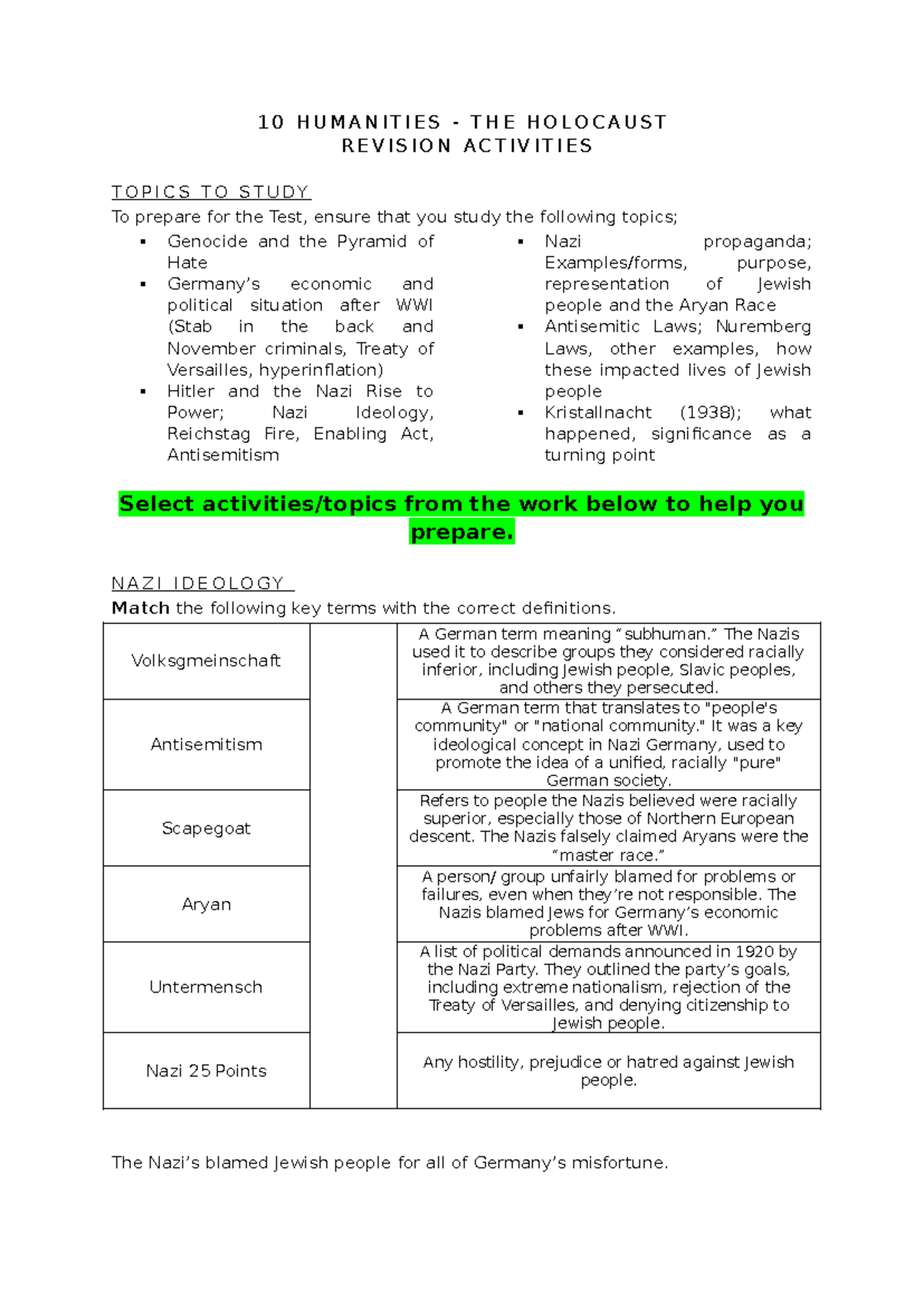 Holocaust Test Revision Activities (HUM 10) - Key Topics & Concepts ...
