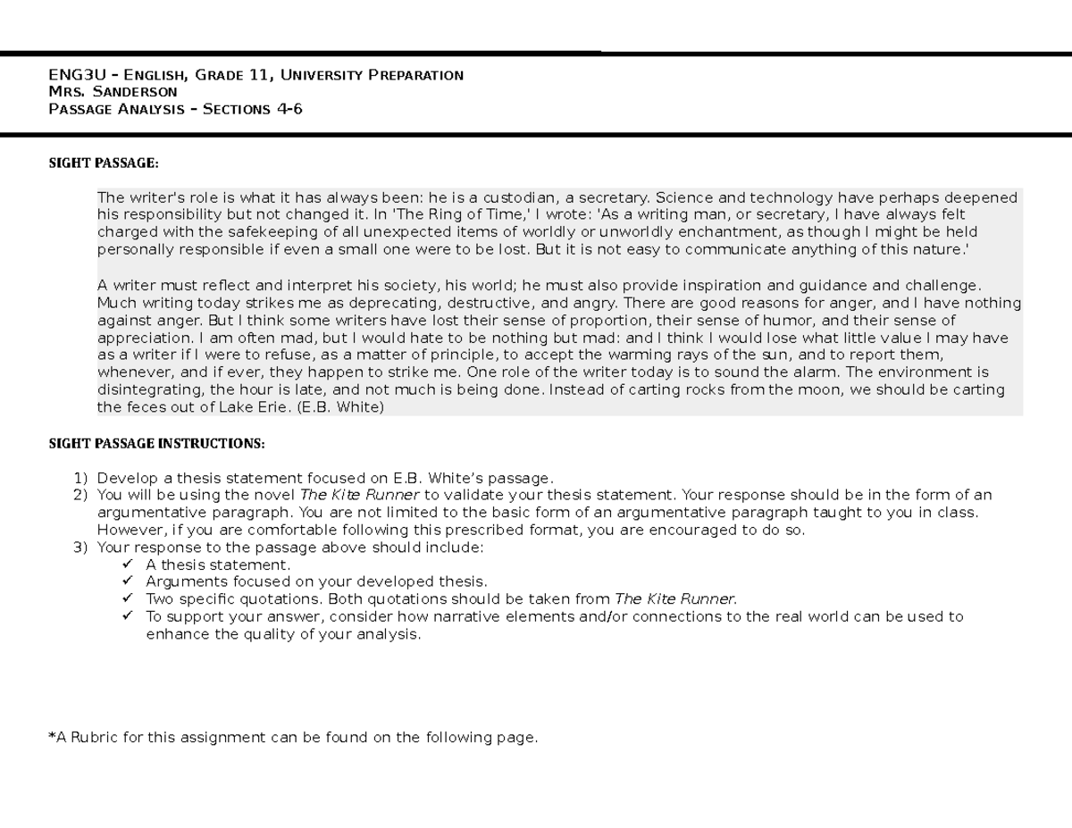 ENG3U The Kite Runner Final Test: Passage Analysis Guide - Studocu