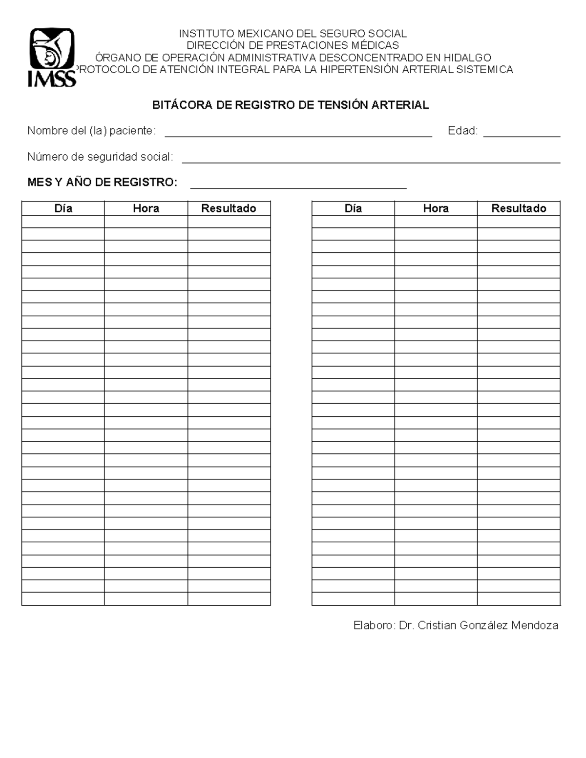 Bitacora Tension Arterial IMSS - Medicina - INSTITUTO MEXICANO DEL ...