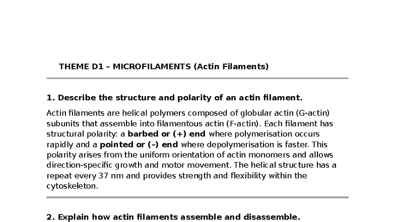 Theme D1-D3 Q&A on Actin Filaments and Myosins (BCM367) - Studocu