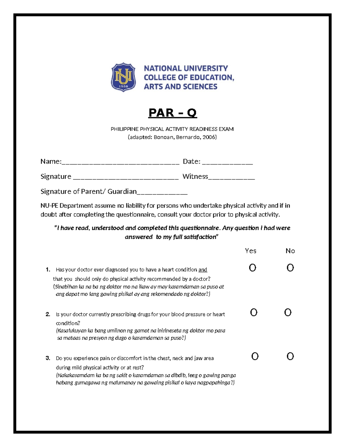 PAR-Q: Philippine Physical Activity Readiness Questionnaire (NU-PE ...