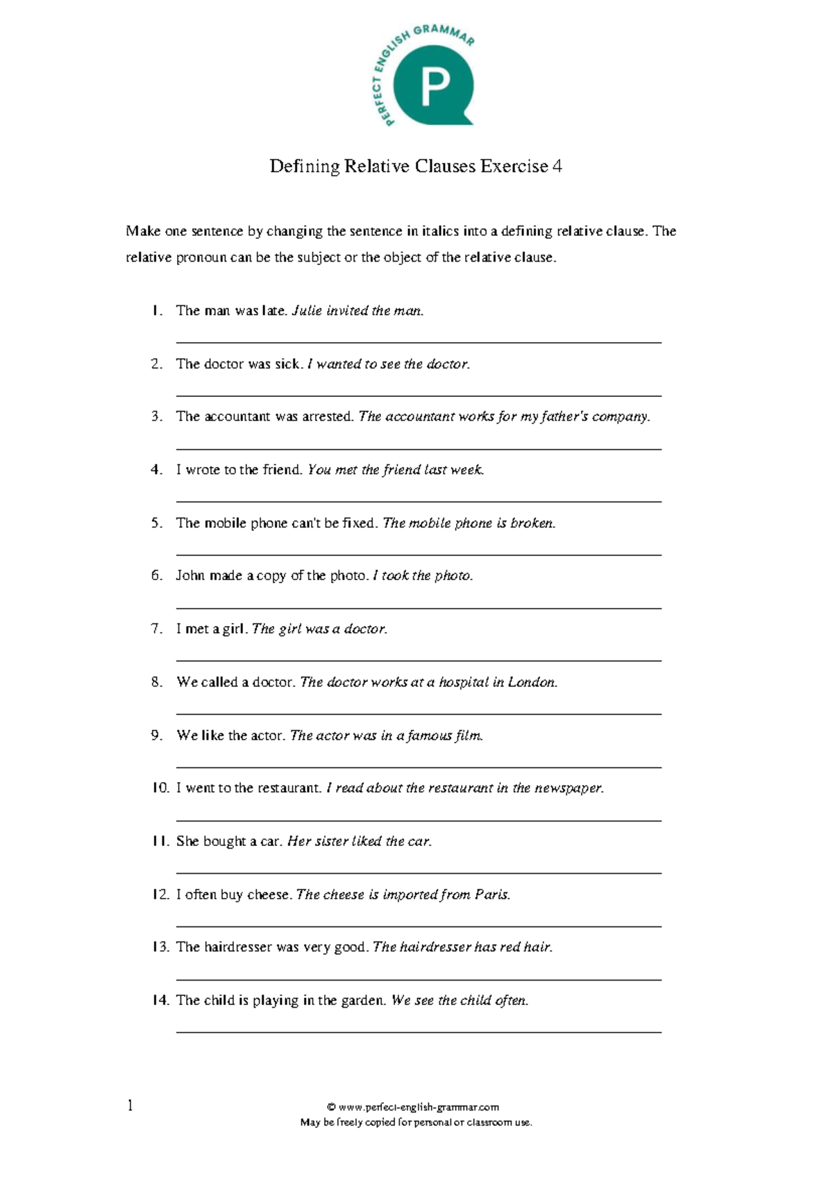 Relative Clauses Exercise 4: Transforming Sentences into Defining ...