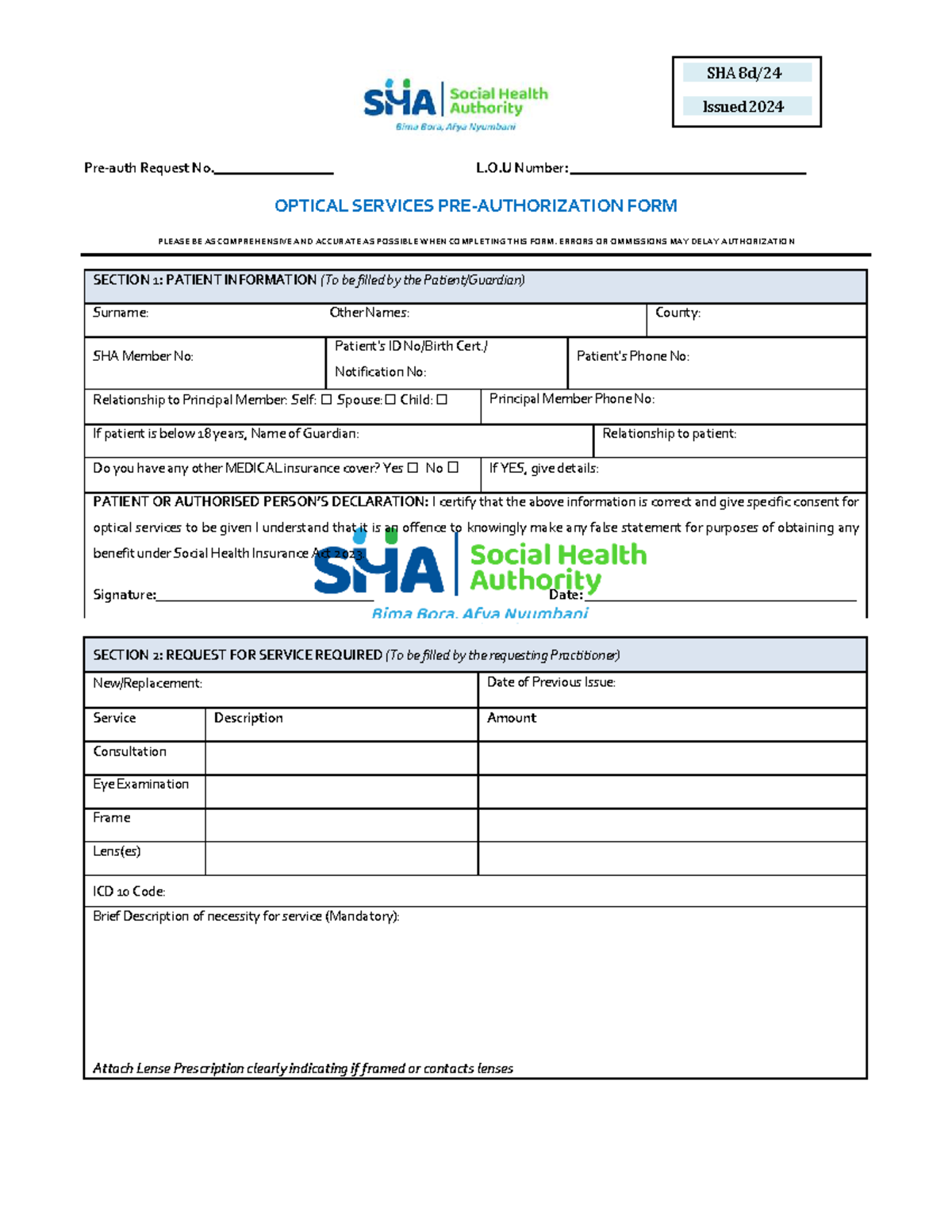 Optical Services Pre-Authorization Form - SHA 2024 - Studocu