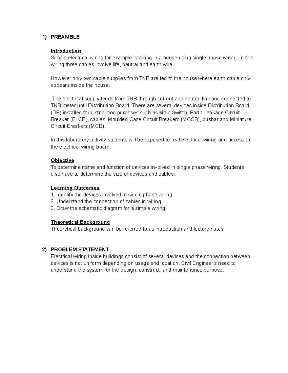 Lab 2-Single Phase Electrical Wiring - 1) PREAMBLE Introduction Simple ...