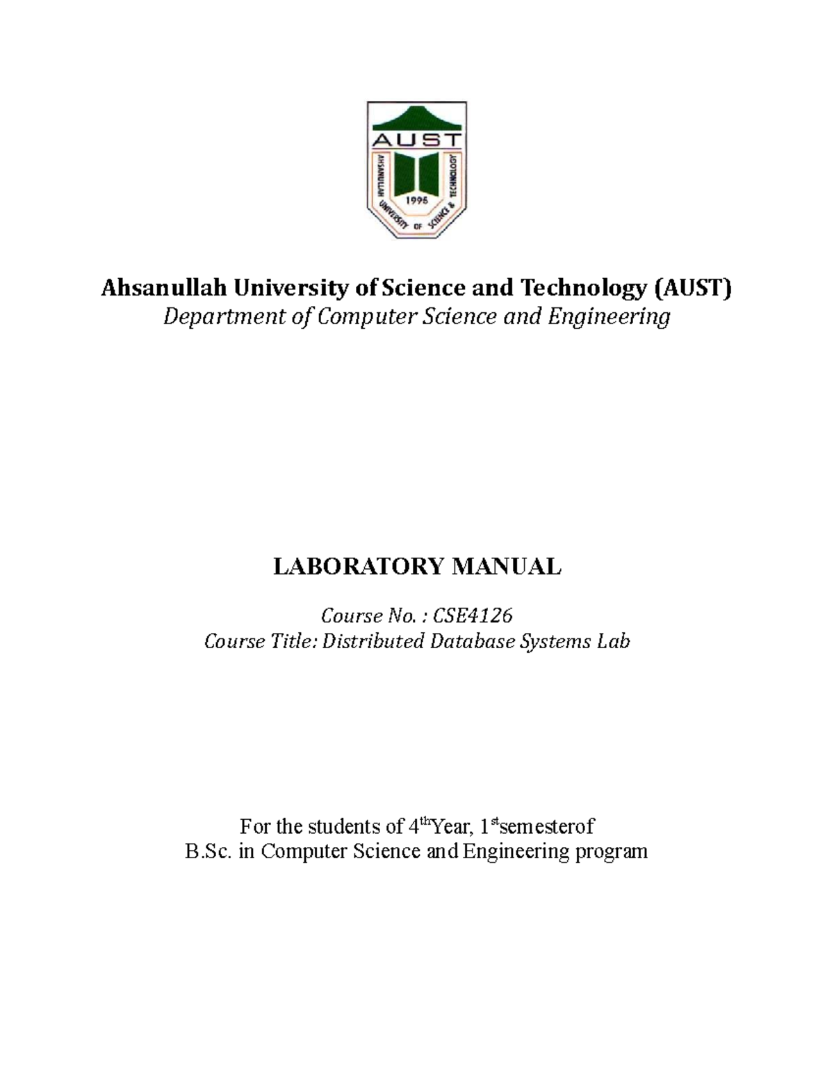 CSE Distributed Database Systems Lab Manual for 4th Year Students - Studocu