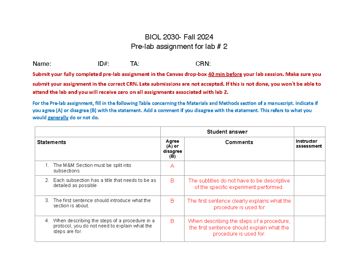 Biol 2030- Lab 2- Pre-Lab Assignment- F2024-New - BIOL 2030- Fall 2024 ...