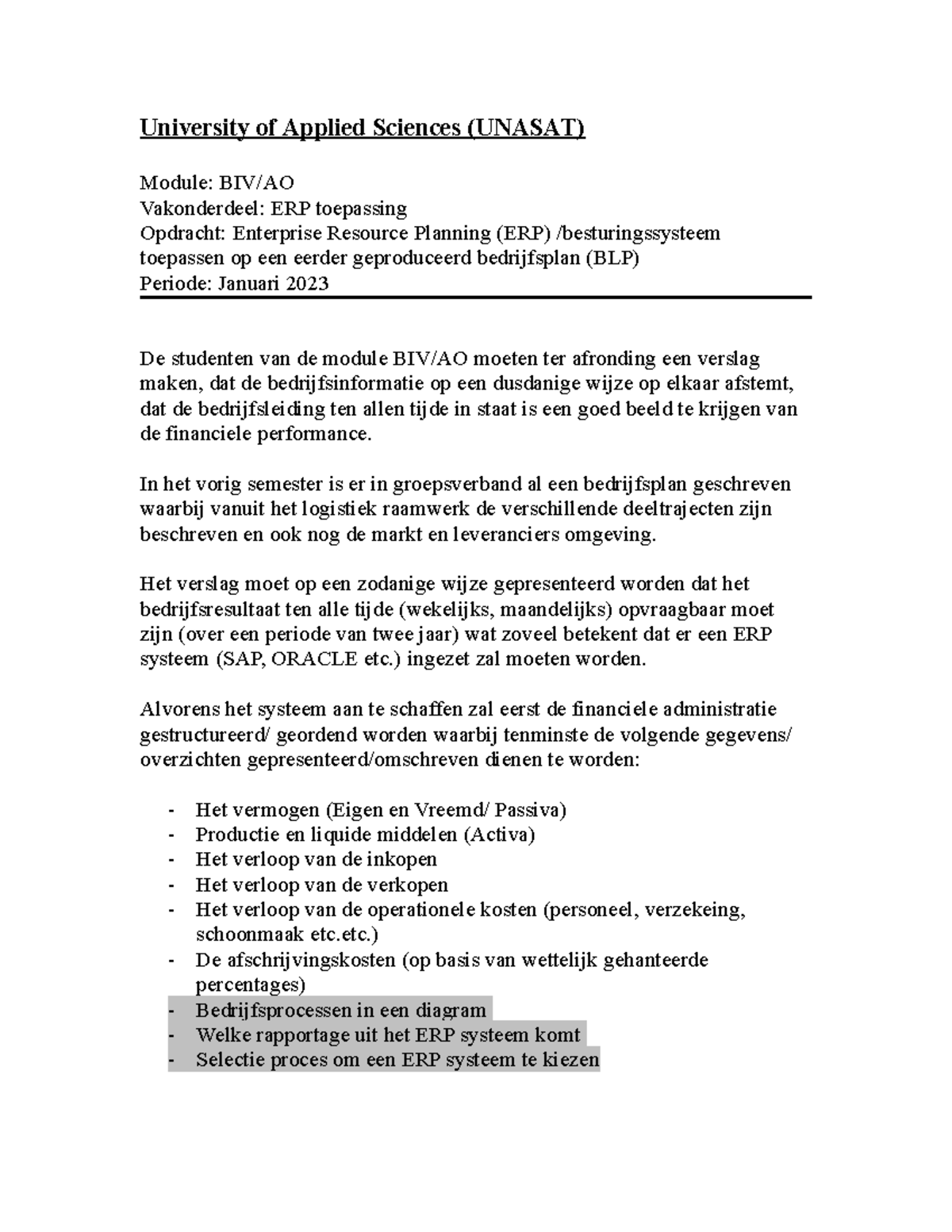 ERP opdracht Unasat 2023 - University of Applied Sciences (UNASAT ...