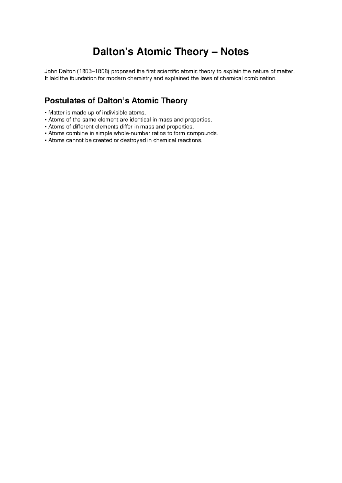 Dalton's Atomic Theory Notes (CHEM 101) - Studocu