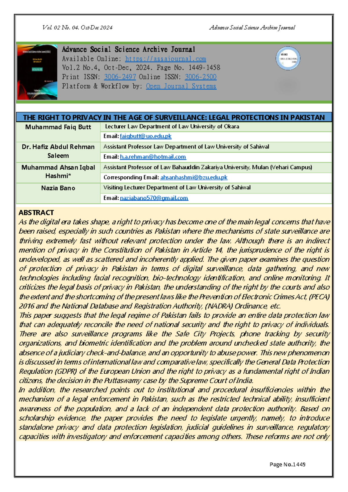 Legal Protections for Privacy in Pakistan: Challenges & Reforms - Studocu