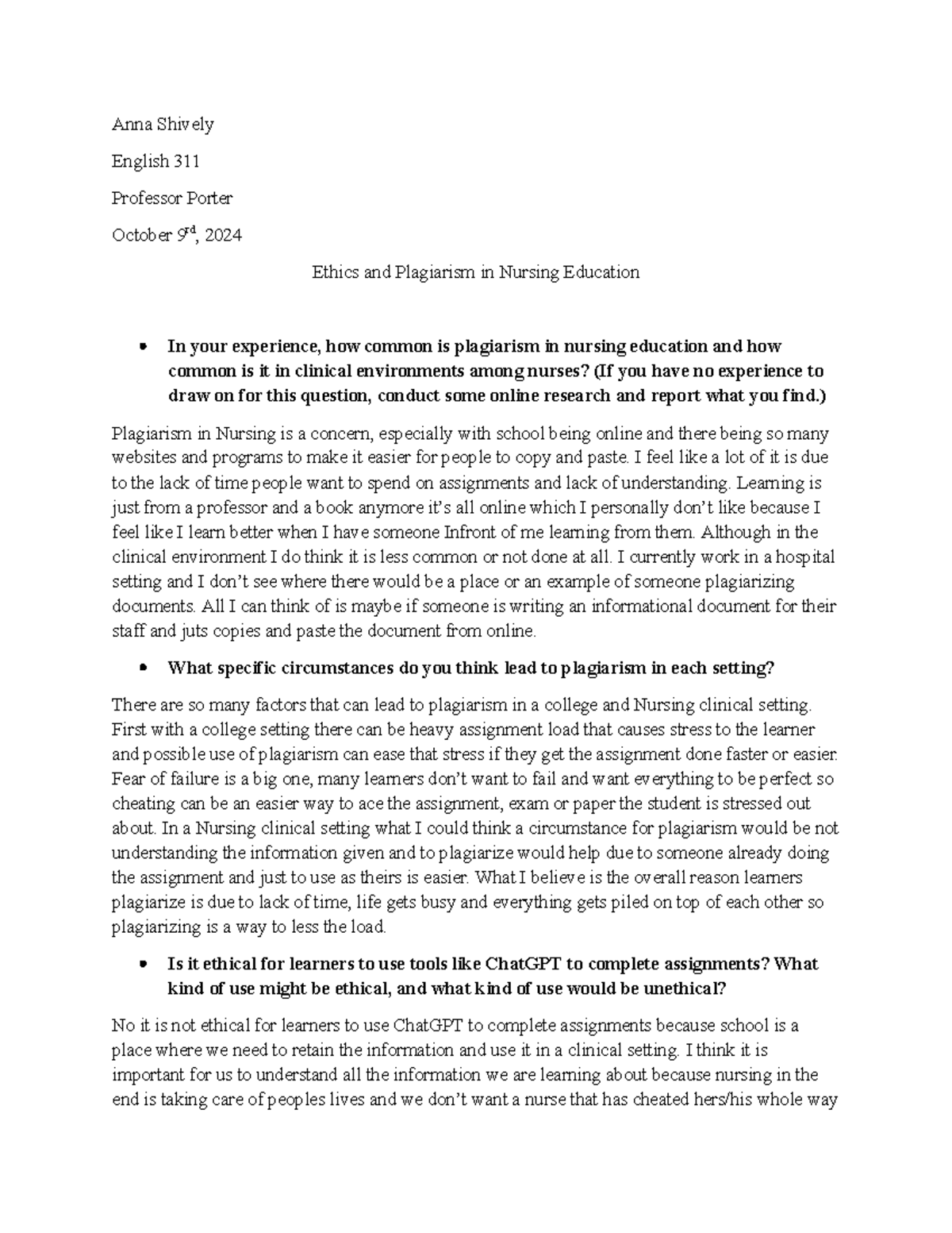 English 311: Ethics & Plagiarism in Nursing Education - Week 4 ...