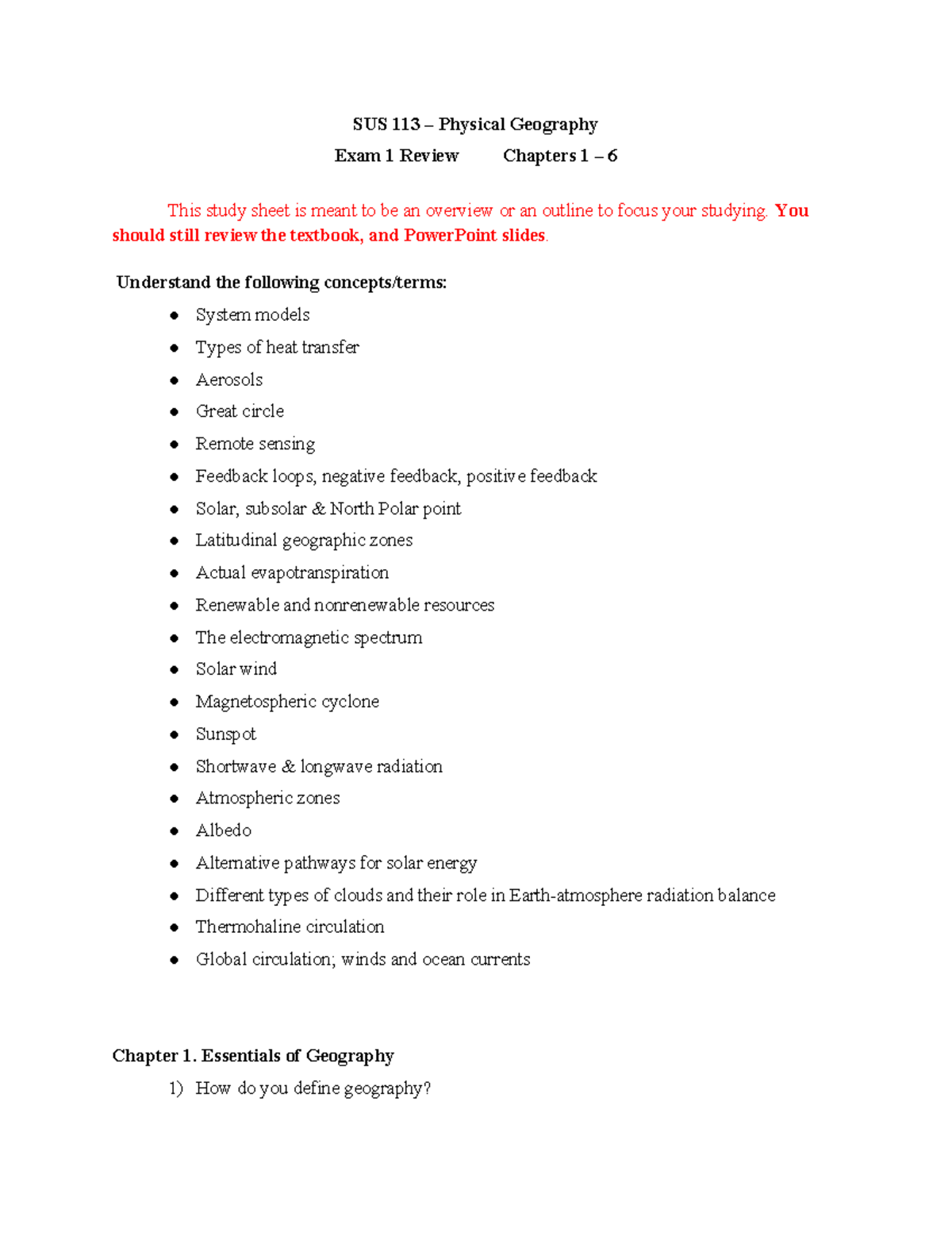 SUS 113 Physical Geography Exam 1 Study Guide: Chapters 1-6 Overview ...