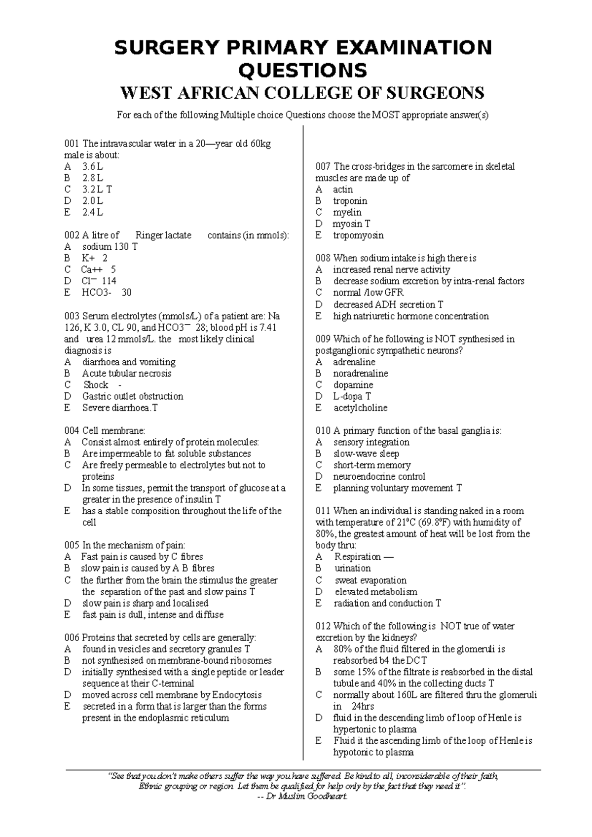 Surgery Primary Examination Questions - West African College of ...