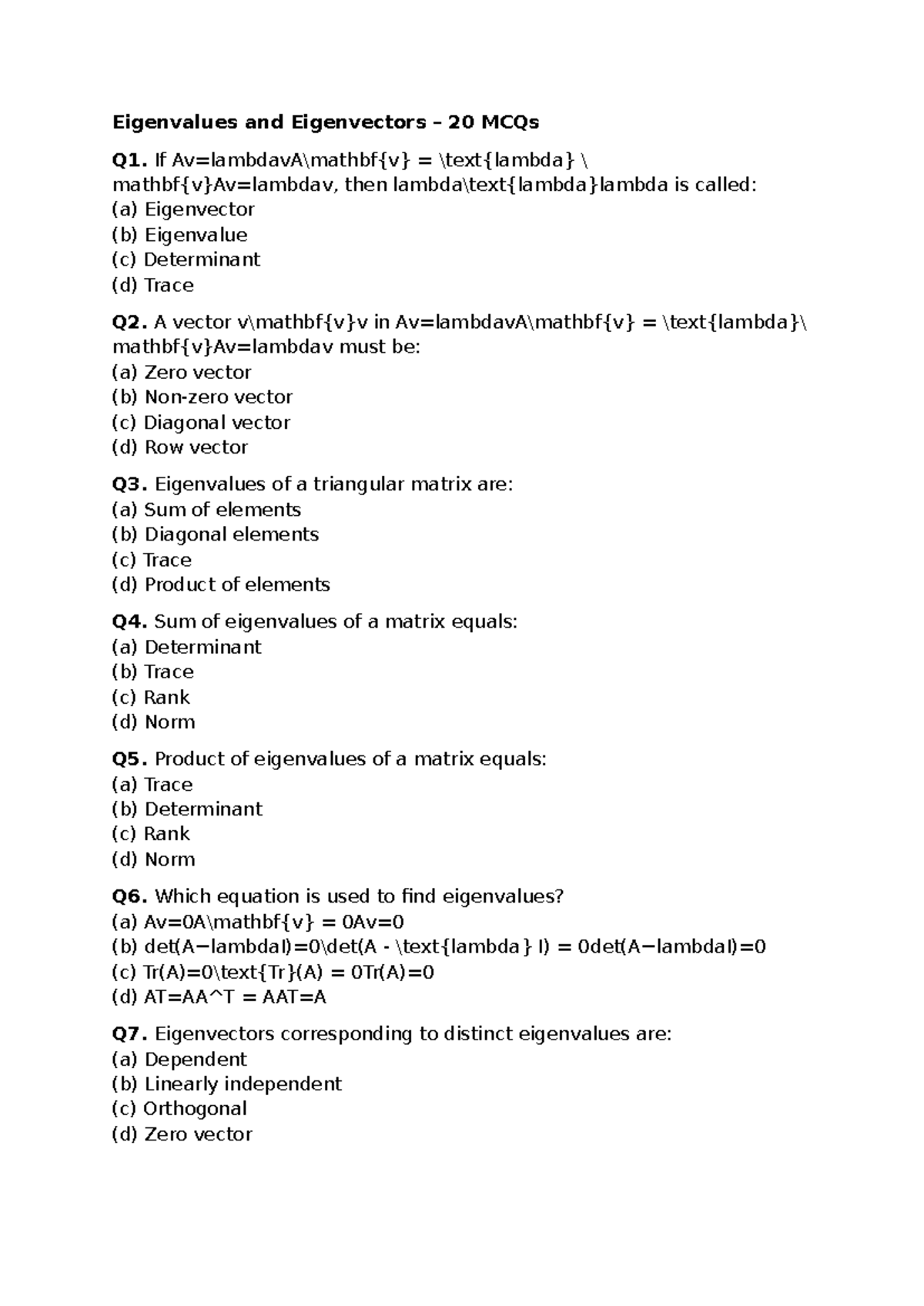 Eigenvalues and Eigenvectors: 20 MCQs for Exam Prep - Studocu