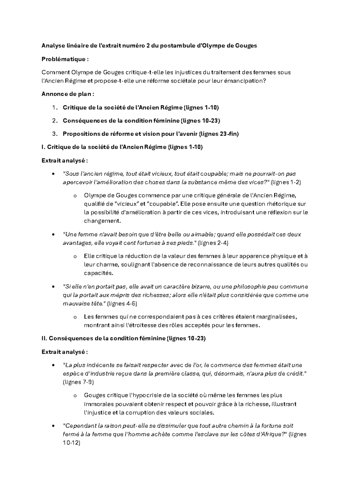 Analyse du Postambule d'Olympe de Gouges : Injustices et Réformes - Studocu