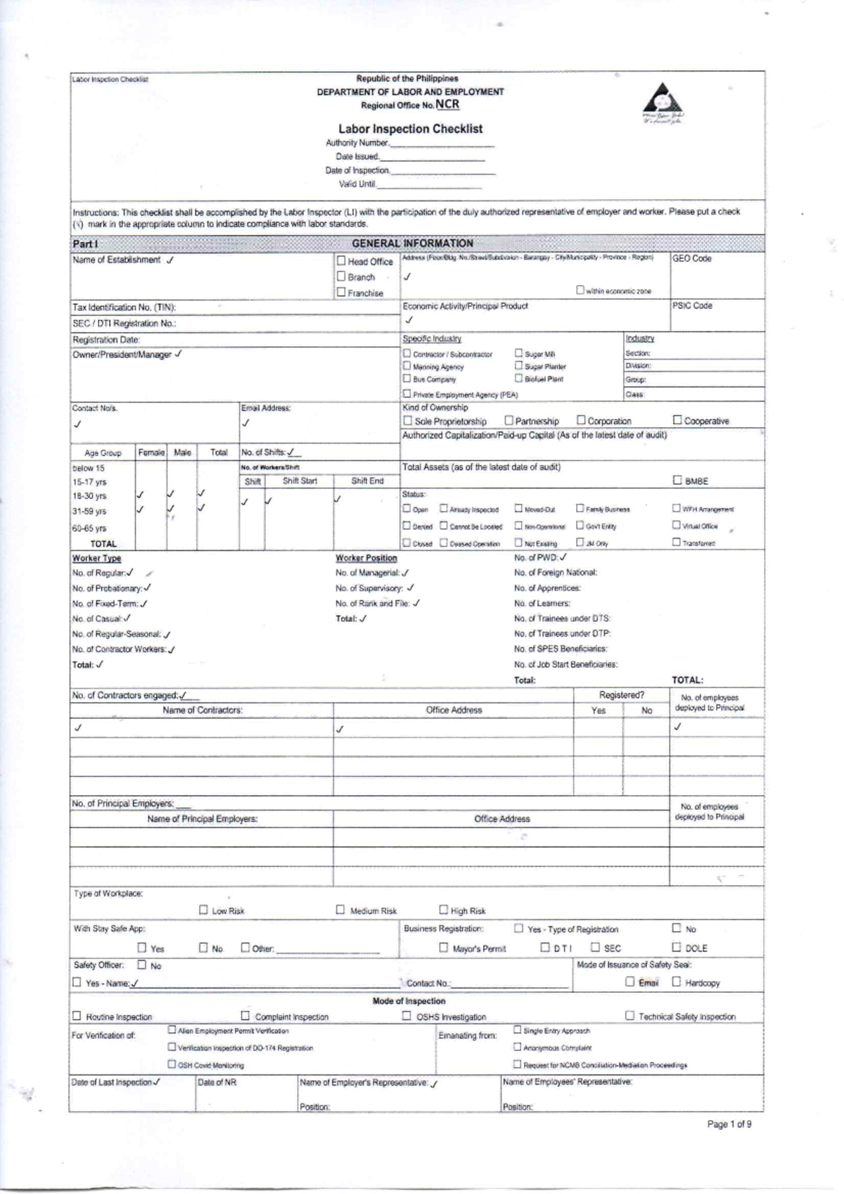 Labor Inspection Checklist - DOLE NCR Compliance Guide - Studocu
