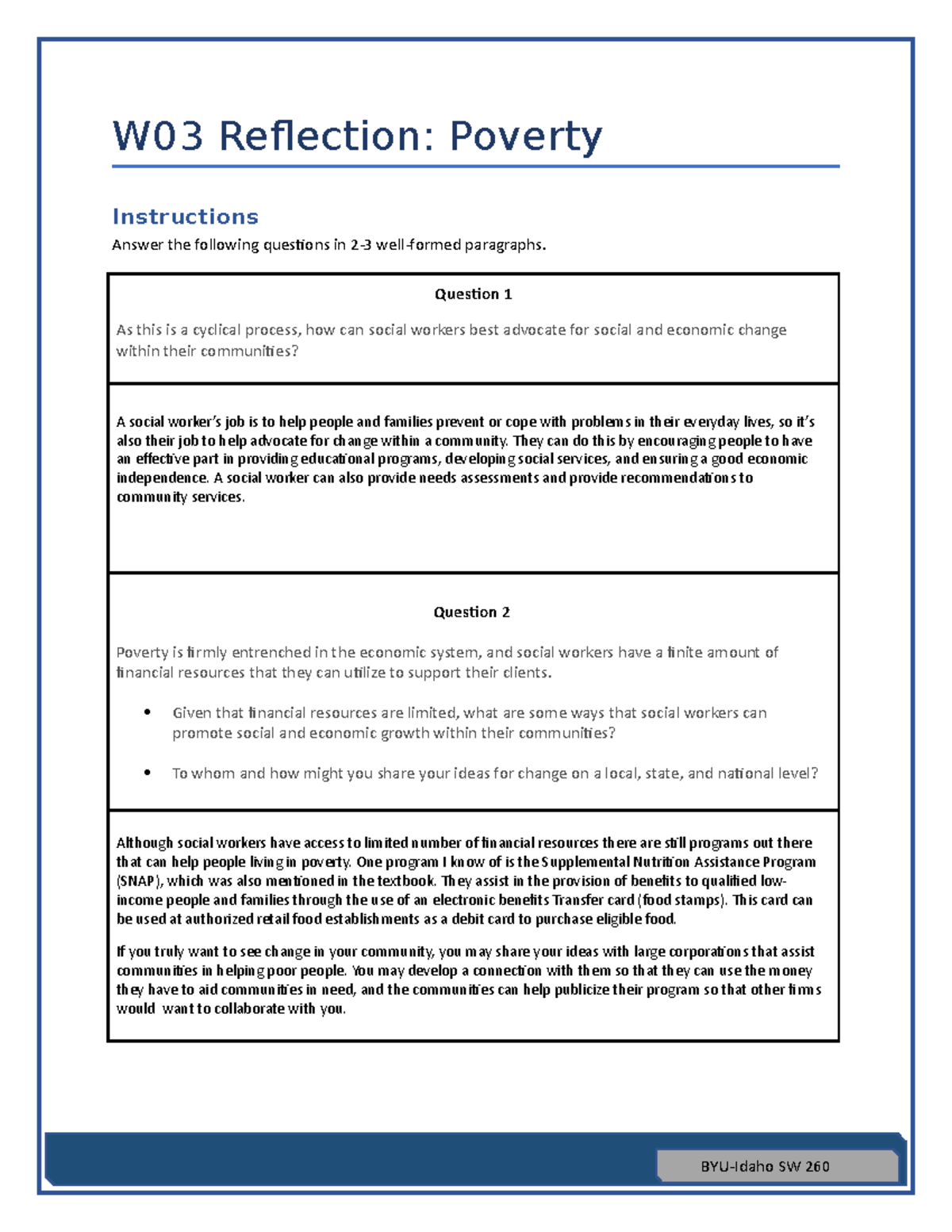SW 260 W03 Reflection: Advocacy and Community Strengths Against Poverty ...