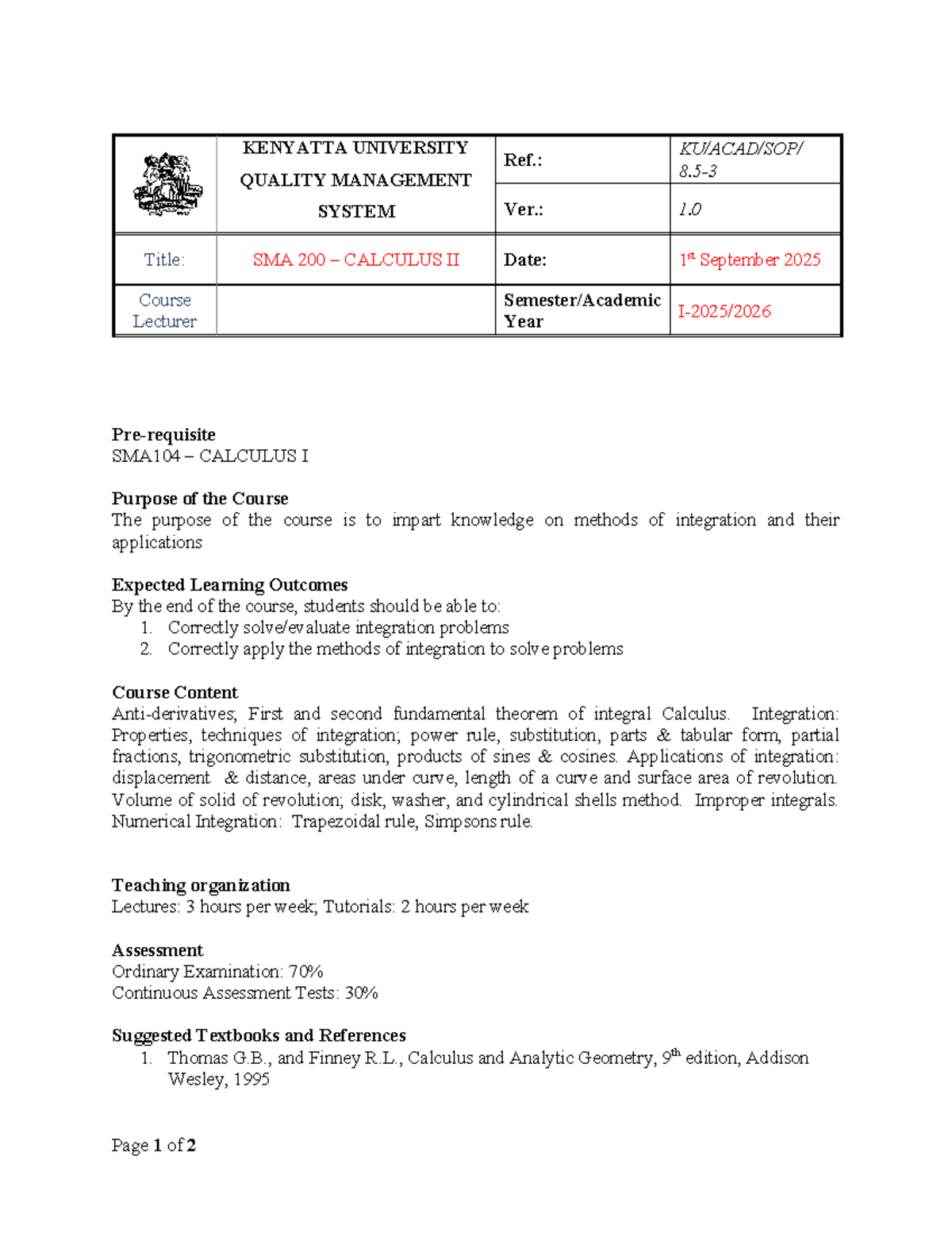 SMA 200 Course Outline: Advanced Integration Techniques and ...
