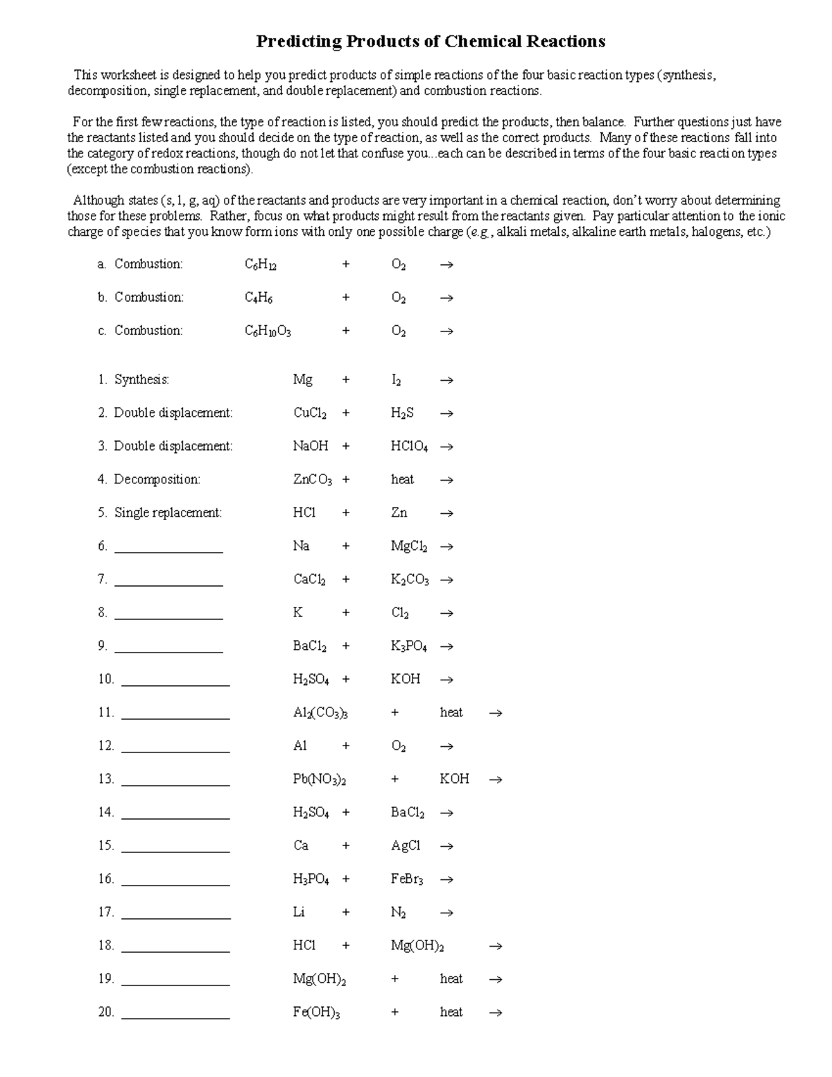 Predicting Products of Chemical Reactions Worksheet (Key) - Studocu