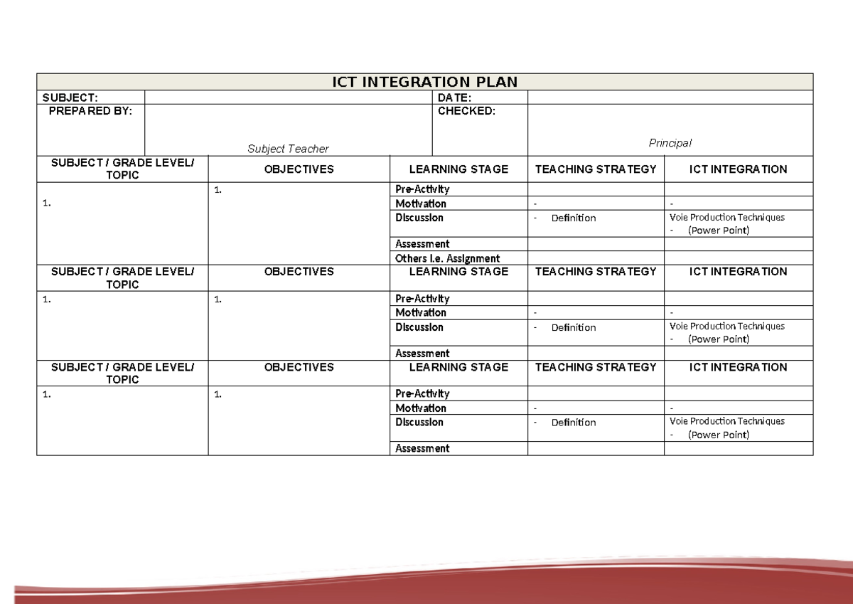 Template-ICT-PLAN2 - ICT Plan Template - ICT INTEGRATION PLAN SUBJECT: DATE: PREPARED BY ...