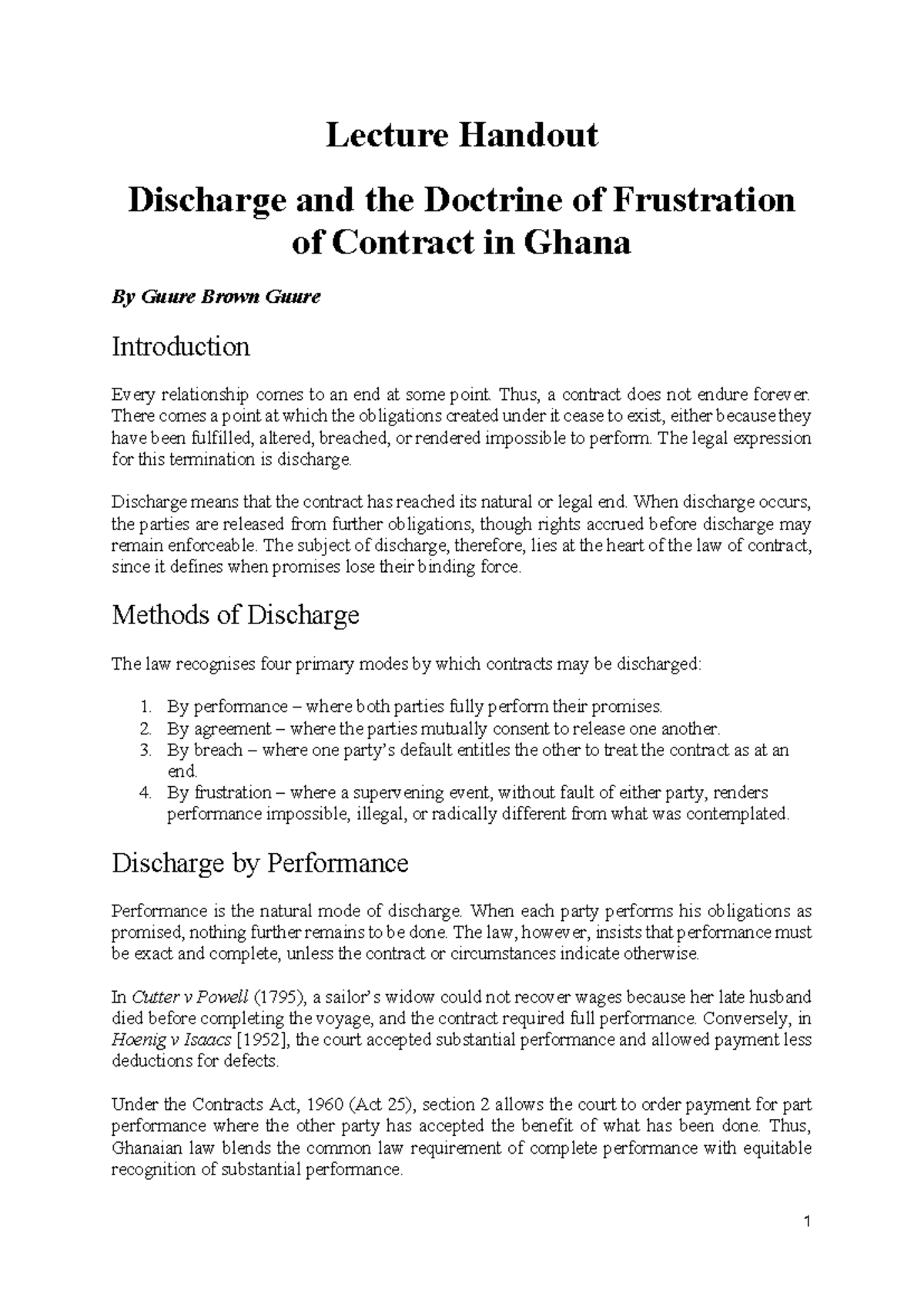 Lecture Handout: Discharge & Doctrine of Frustration in Ghana - Studocu