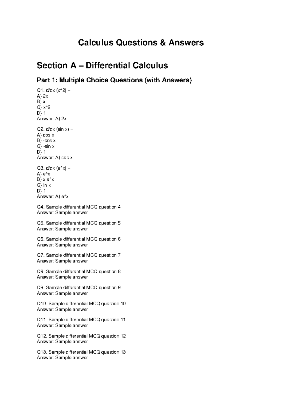 Calculus MCQs & Solutions - ECEC 101 Final Exam Prep - Studocu