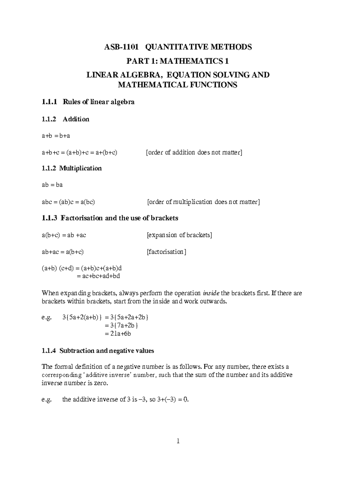 QUANTITATIVE METHODS PART 1: BASIC ALGEBRA AND LINEAR EQUATIONS - Studocu