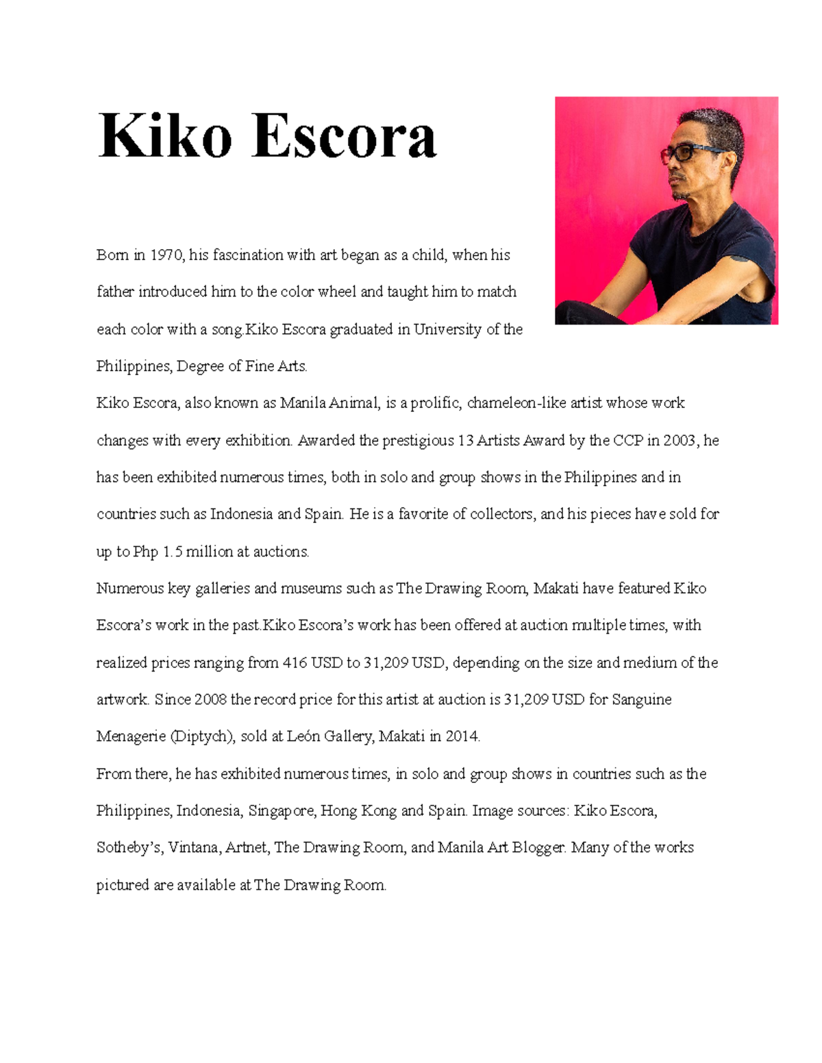 Kiko Escora: Artistic Journey and Notable Works - Art Overview - Studocu