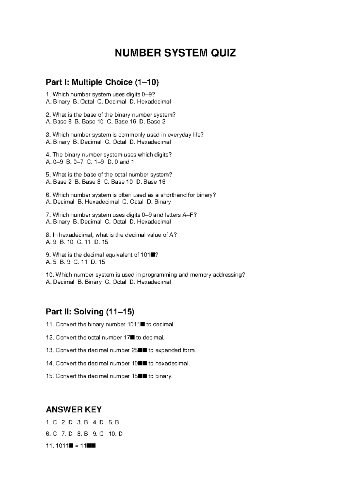 NUMBER SYSTEM QUIZ (Part I & II) with Answer Key - Studocu