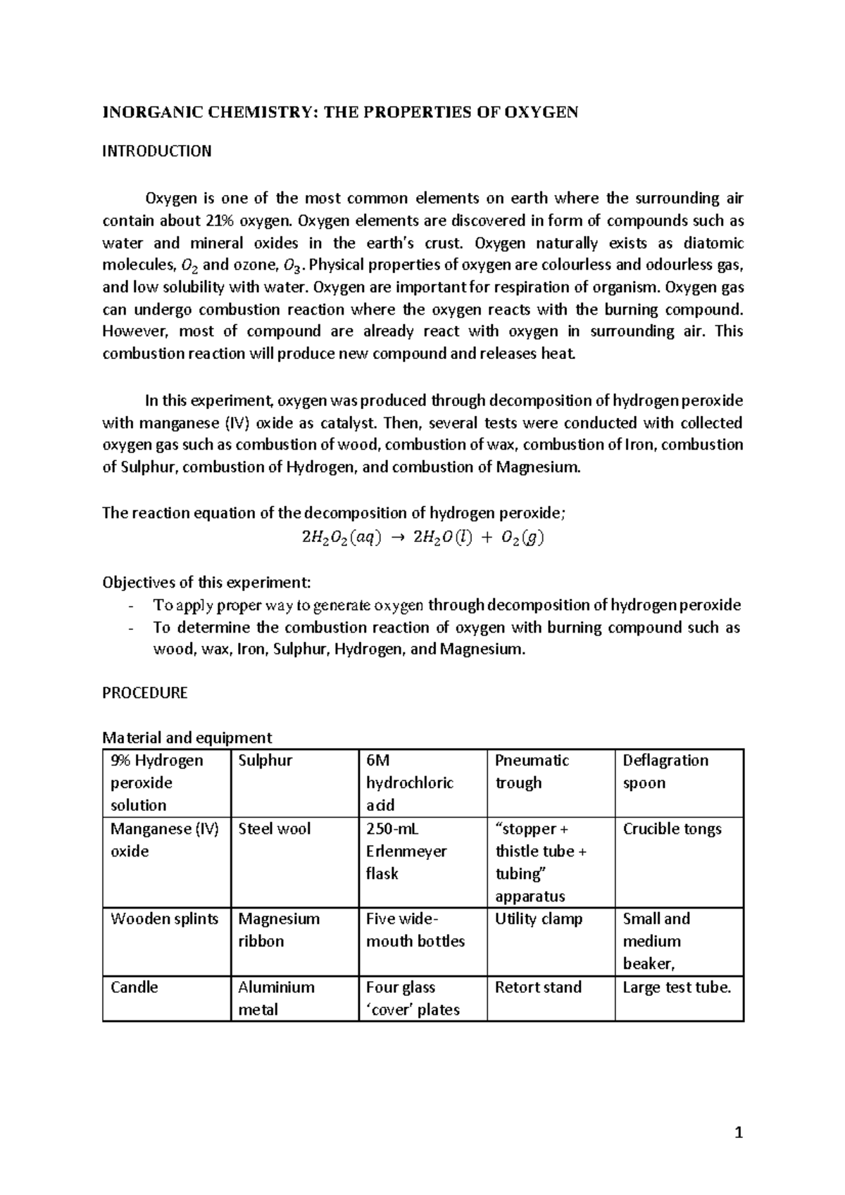Inorganic Chemistry: Properties of Oxygen (CHEM 101 Lab Report) - Studocu