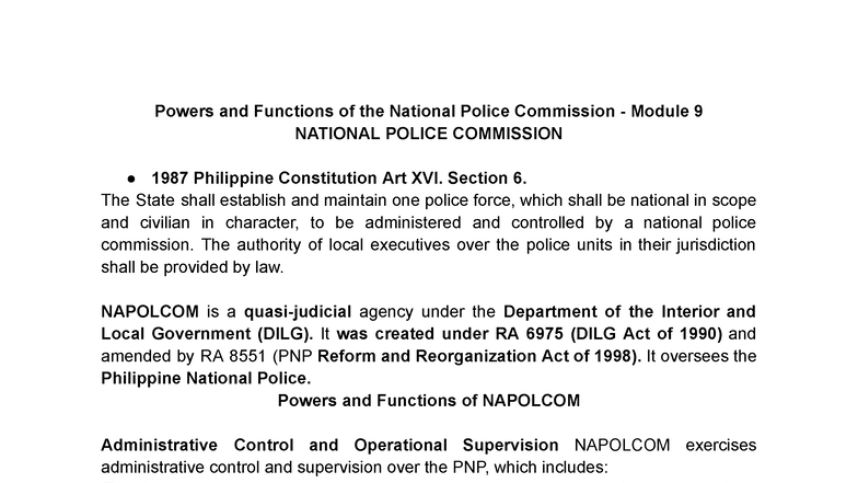 Powers and Functions of NAPOLCOM and Related Agencies (Module 9) - Studocu