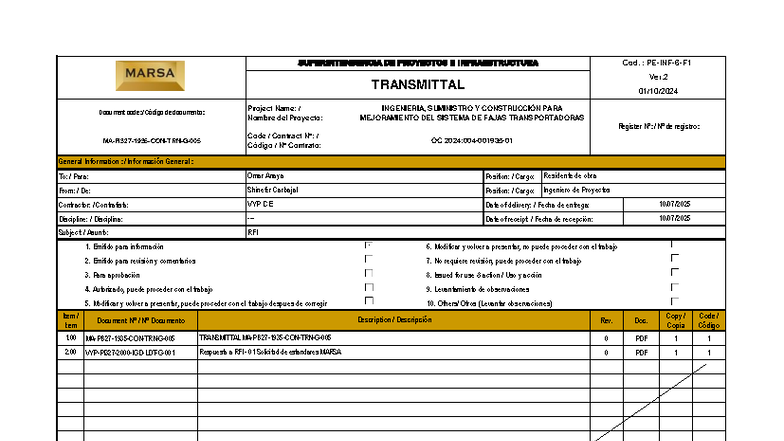 Transmittal Document MA PI327: Engineering & Construction RFI 1 - Studocu