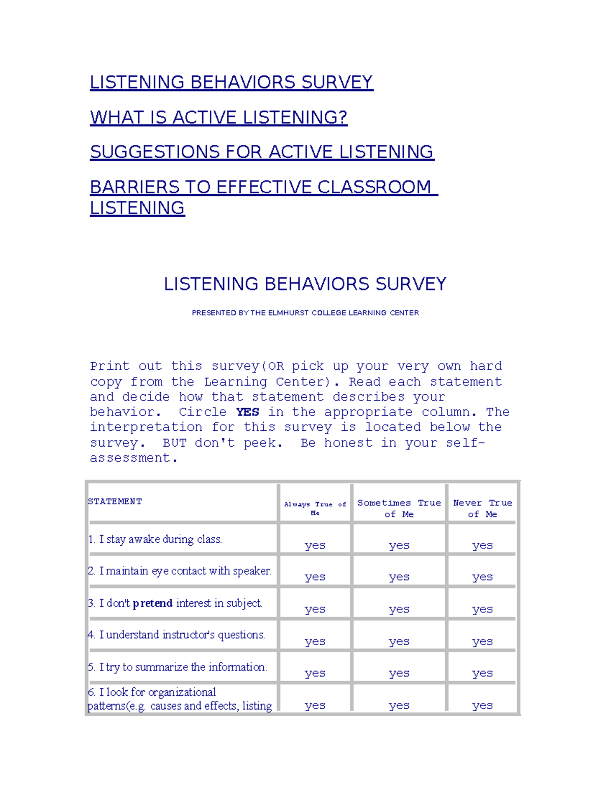 37081831 Effective Listening Skills - LISTENING BEHAVIORS SURVEY WHAT ...