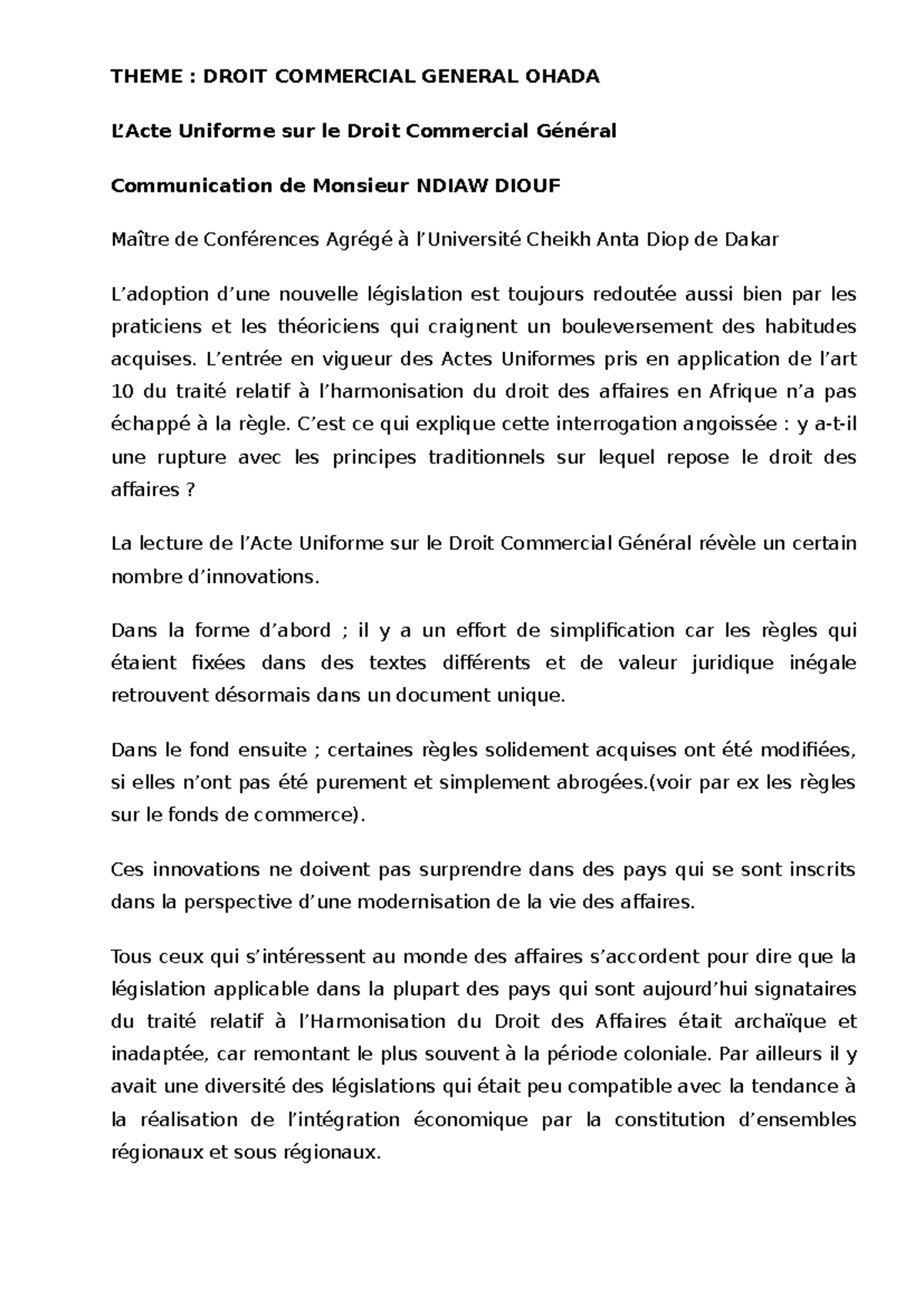 Acte Uniforme sur le Droit Commercial Général OHADA - Analyse et ...