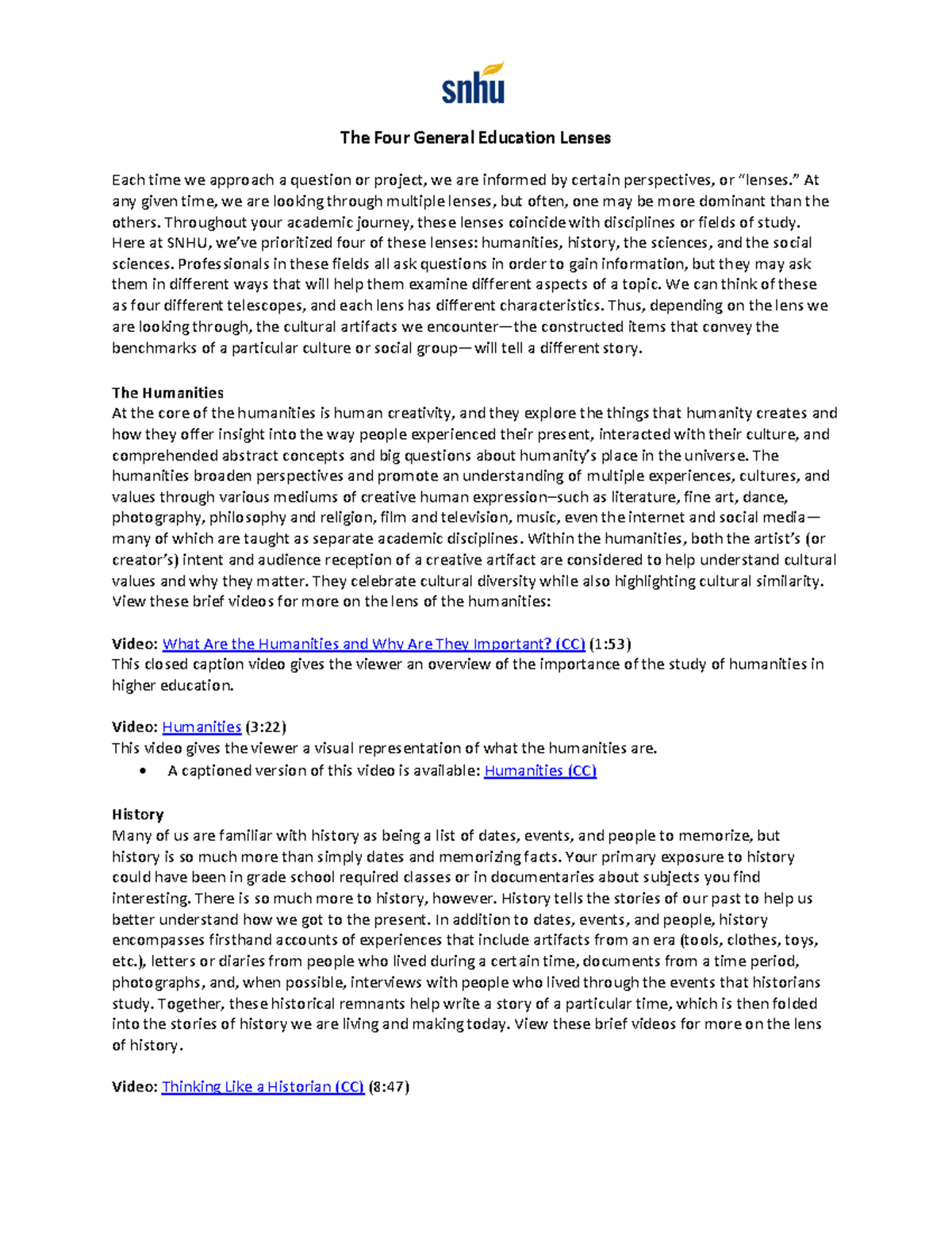 Four Lenses of General Ed: Humanities, History, Sciences, & Social ...