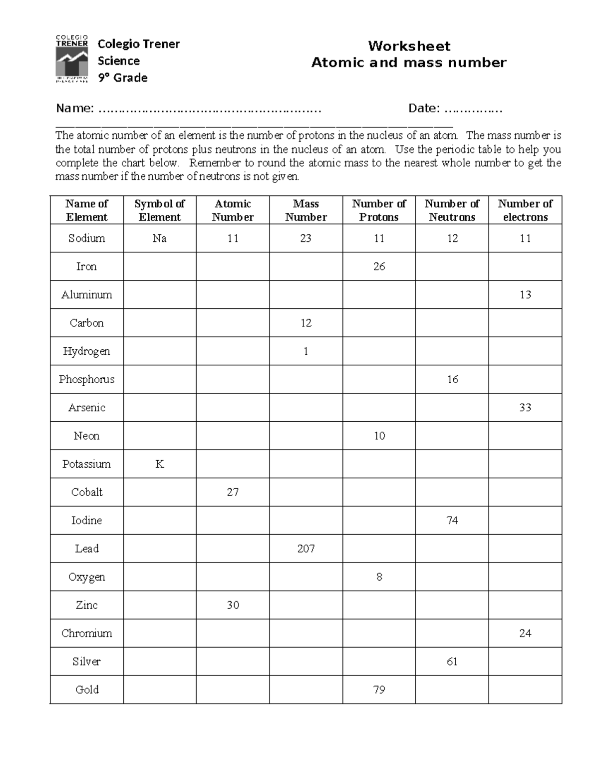 1A Atomic and mass number WS St Eng - Colegio Trener Science 9º Grade ...