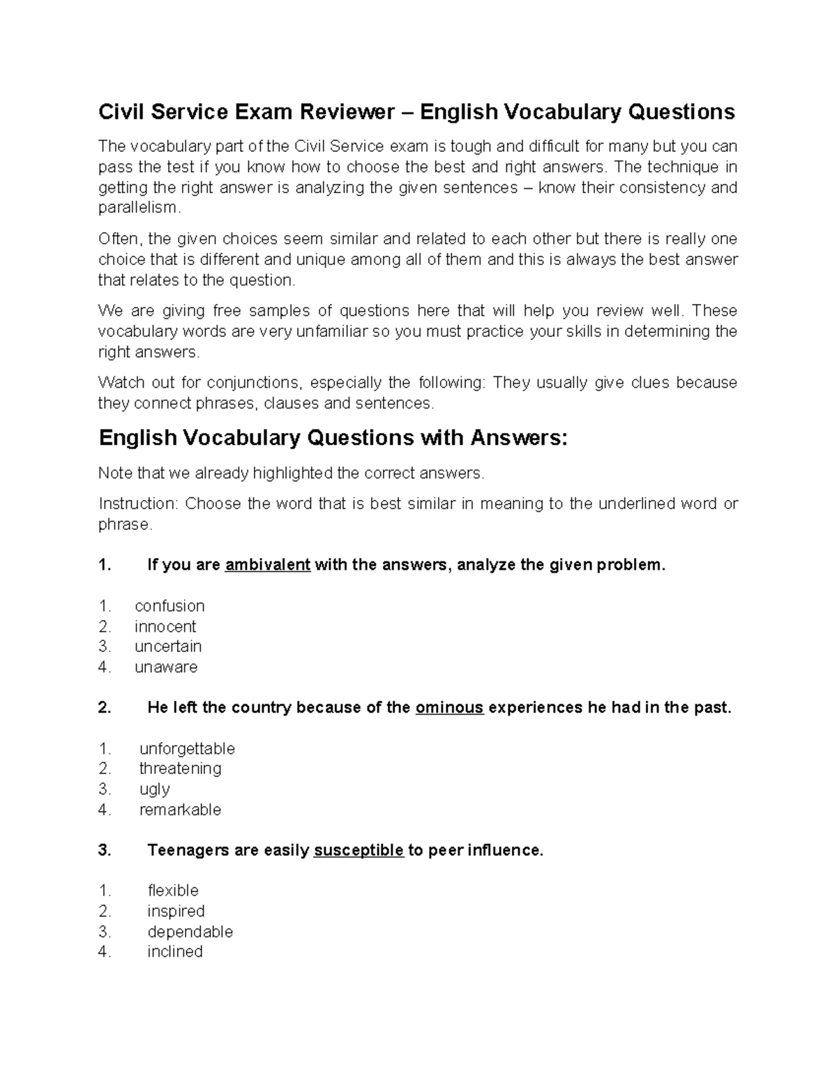 Civil Service Exam: Verbal Reasoning & Vocabulary Practice Questions ...