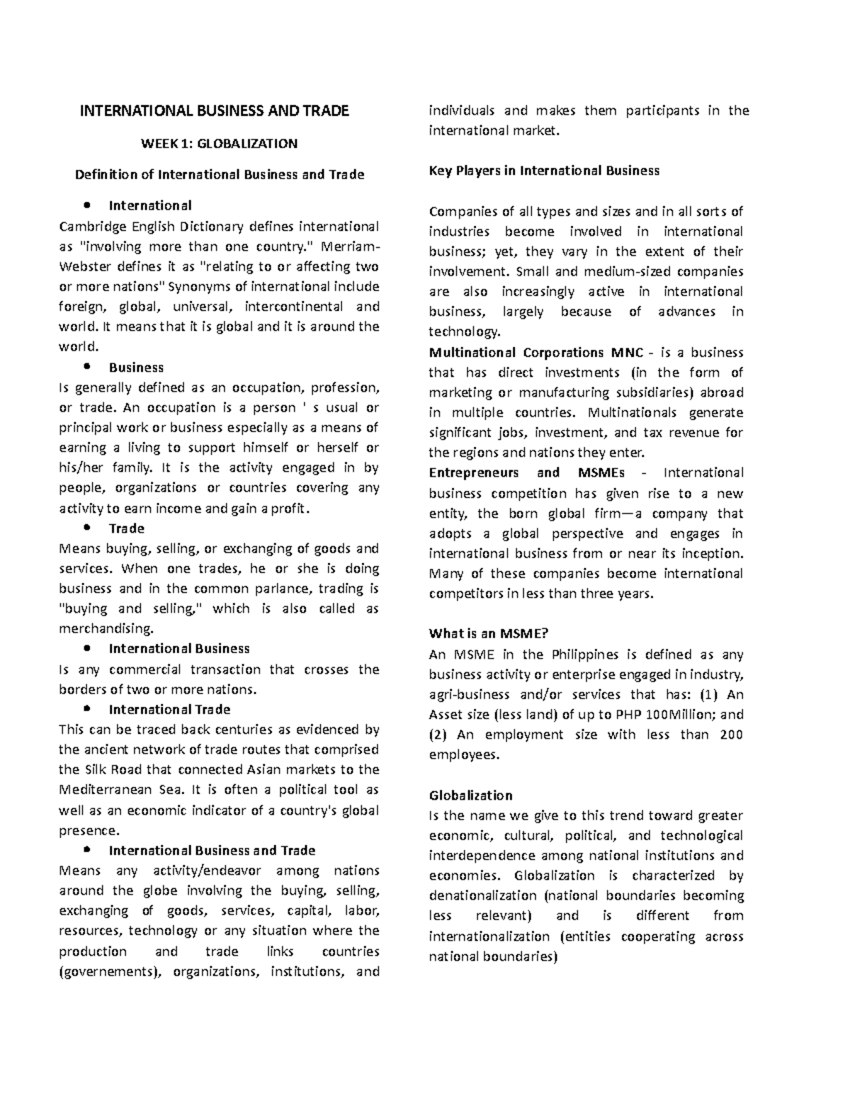 IBT Lesson 1 3 - INTERNATIONAL BUSINESS AND TRADE WEEK 1: GLOBALIZATION ...