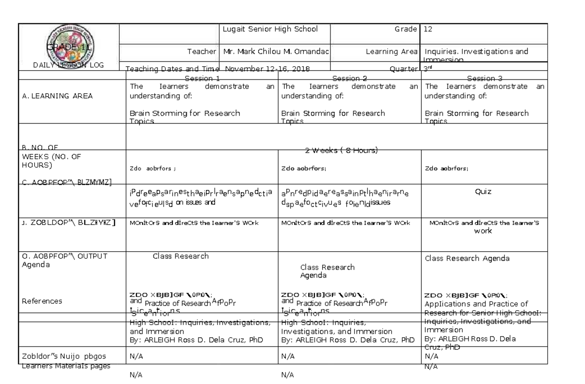 Lugait Senior High School GRADE 11 Daily Lesson Log: Inquiries ...