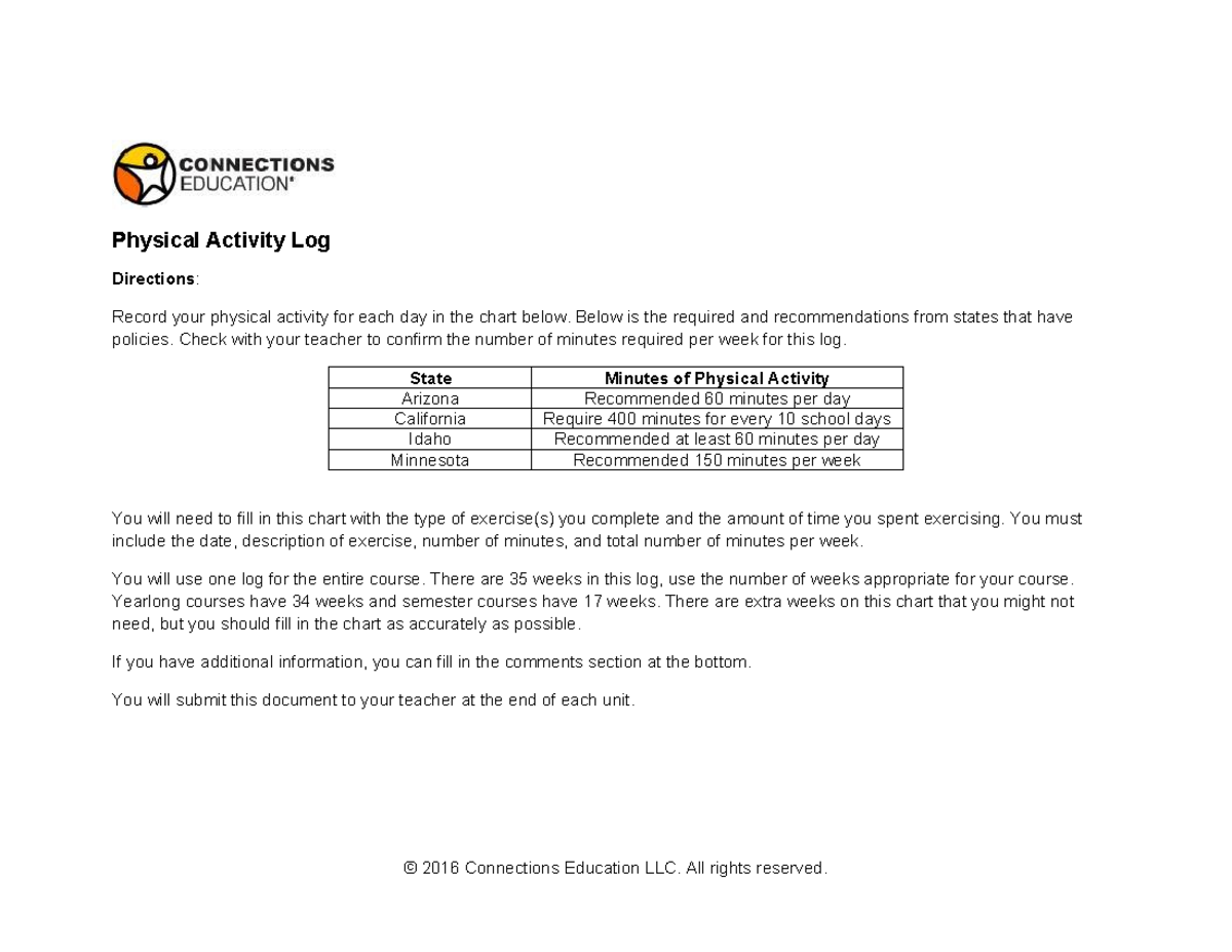 Physical Activity Log for Course (PE 101) - Weekly Tracker - Studocu