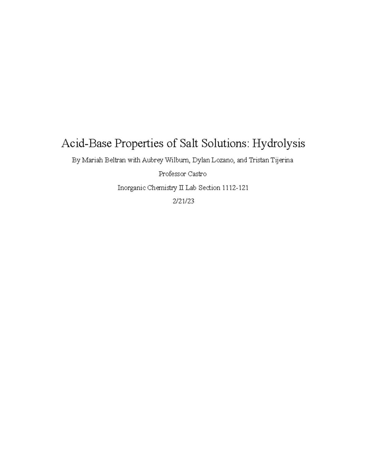 Acid-Base Properties of Salt Solutions: Hydrolysis lab - This is known ...