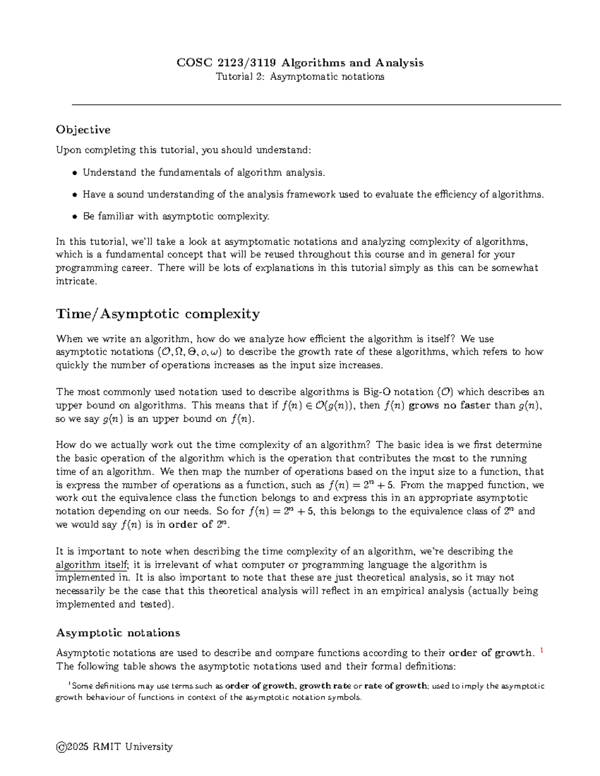 COSC Algorithms and Analysis Tutorial 2: Asymptotic Notations - Studocu