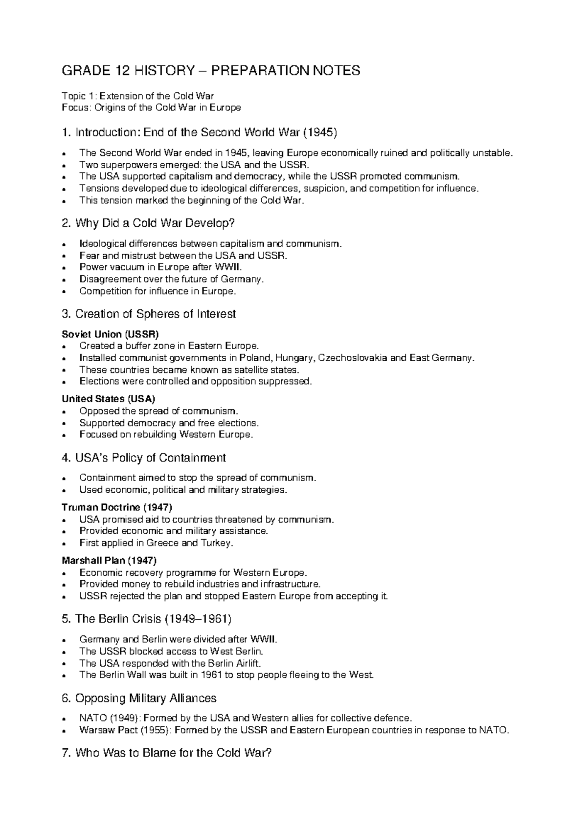 GRADE 12 HISTORY PREP NOTES: Origins of the Cold War - Studocu