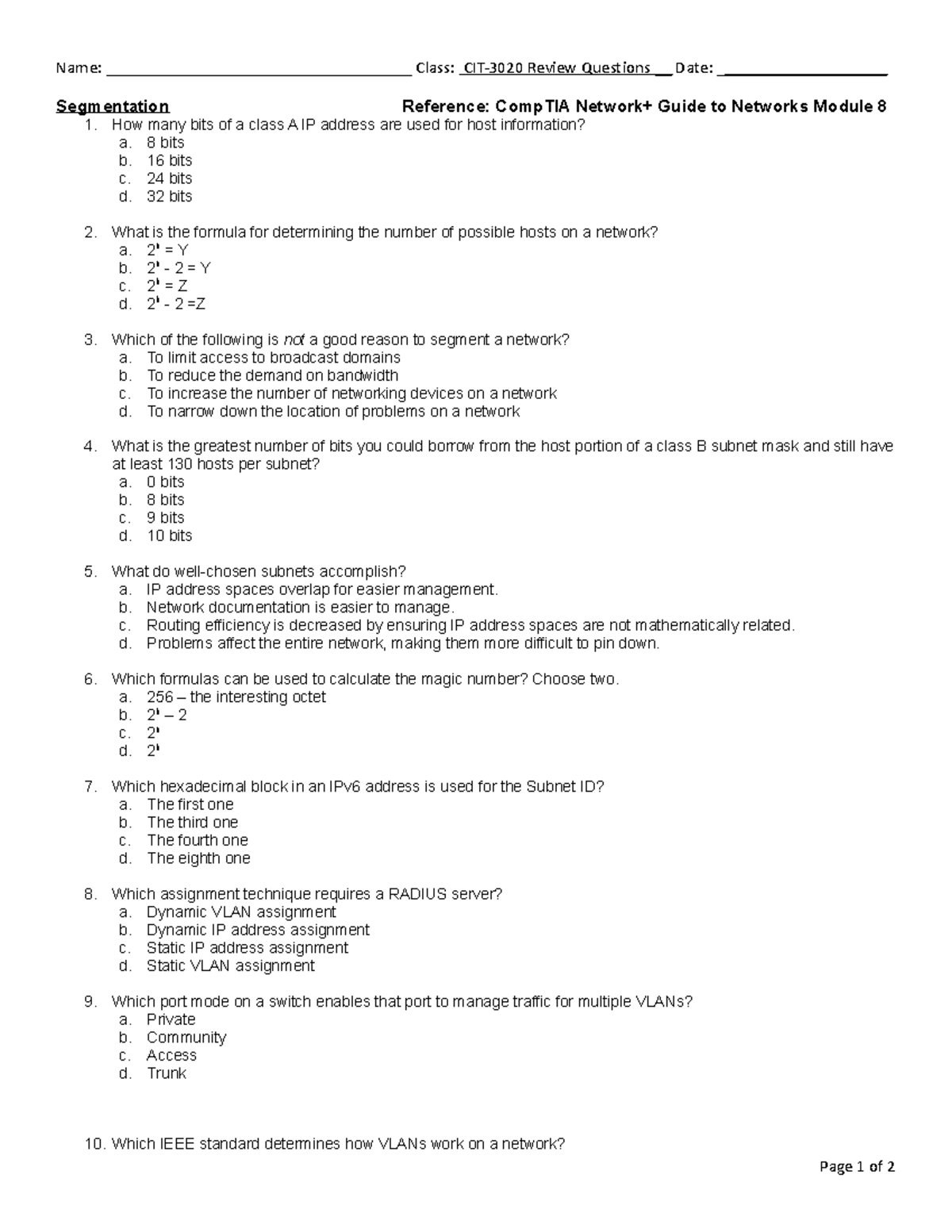 CIT-3020 Module 8 Review Questions for CompTIA Network+ Exam - Studocu