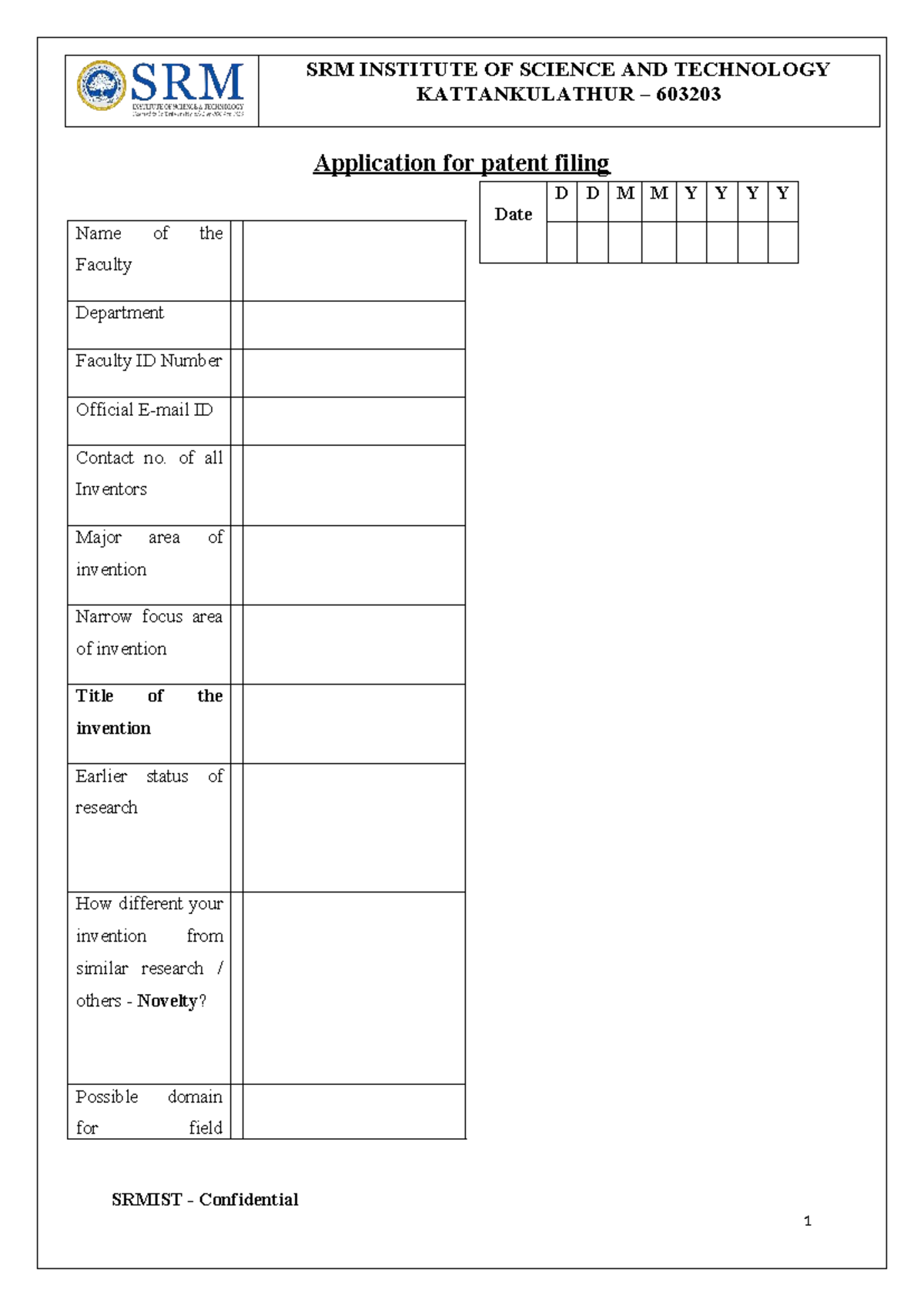 SRMIST Invention Disclosure Form for Patent Application - Studocu