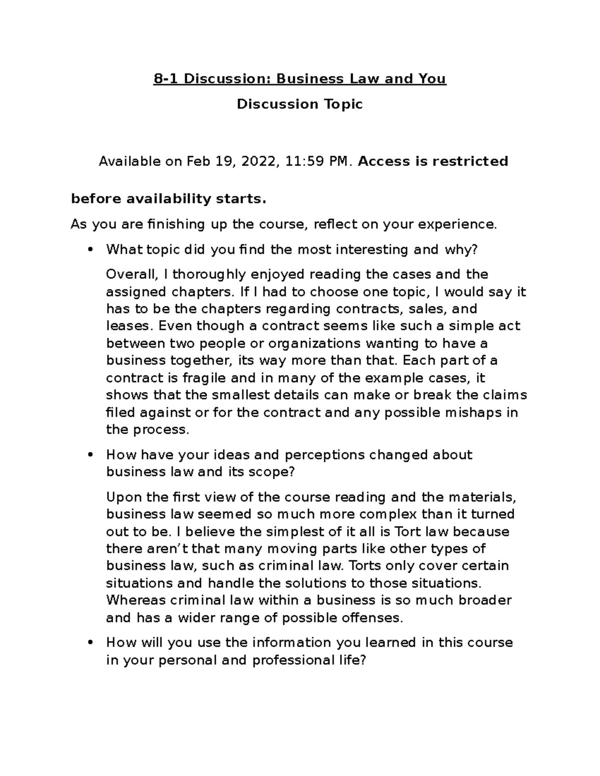 Module 8 Discussion: Insights on Business Law (BUS 101) - Studocu