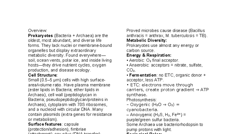 Prokaryotes Overview: Structure, Function, and Ecological Roles - Studocu