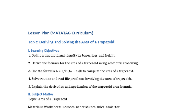 Lesson Plan (MATATAG Curriculum) on Area of a Trapezoid - Studocu