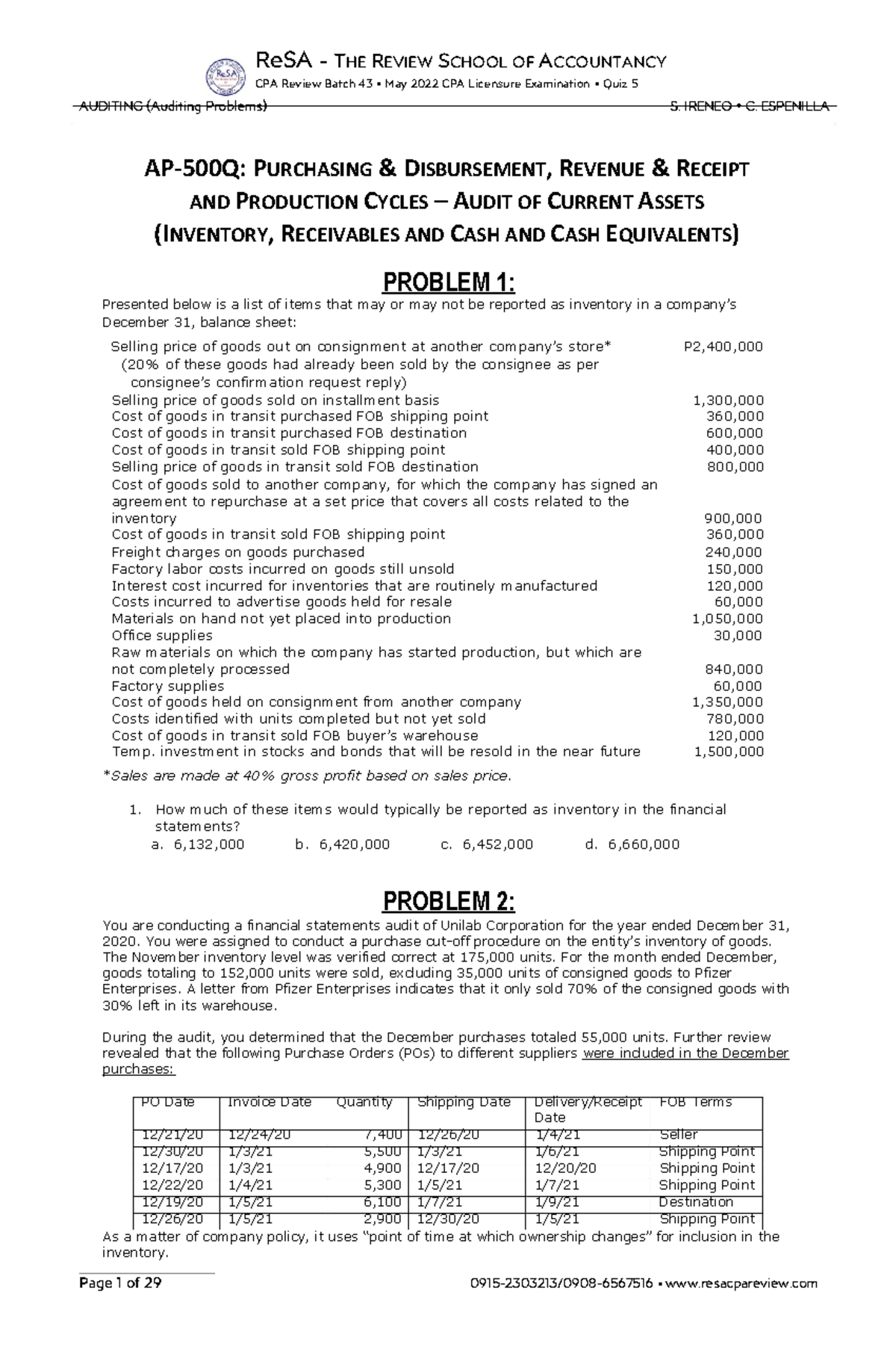 AP-500Q: Quiz 5 - Audit on Purchasing, Revenue, Receipt, and Inventory - Studocu