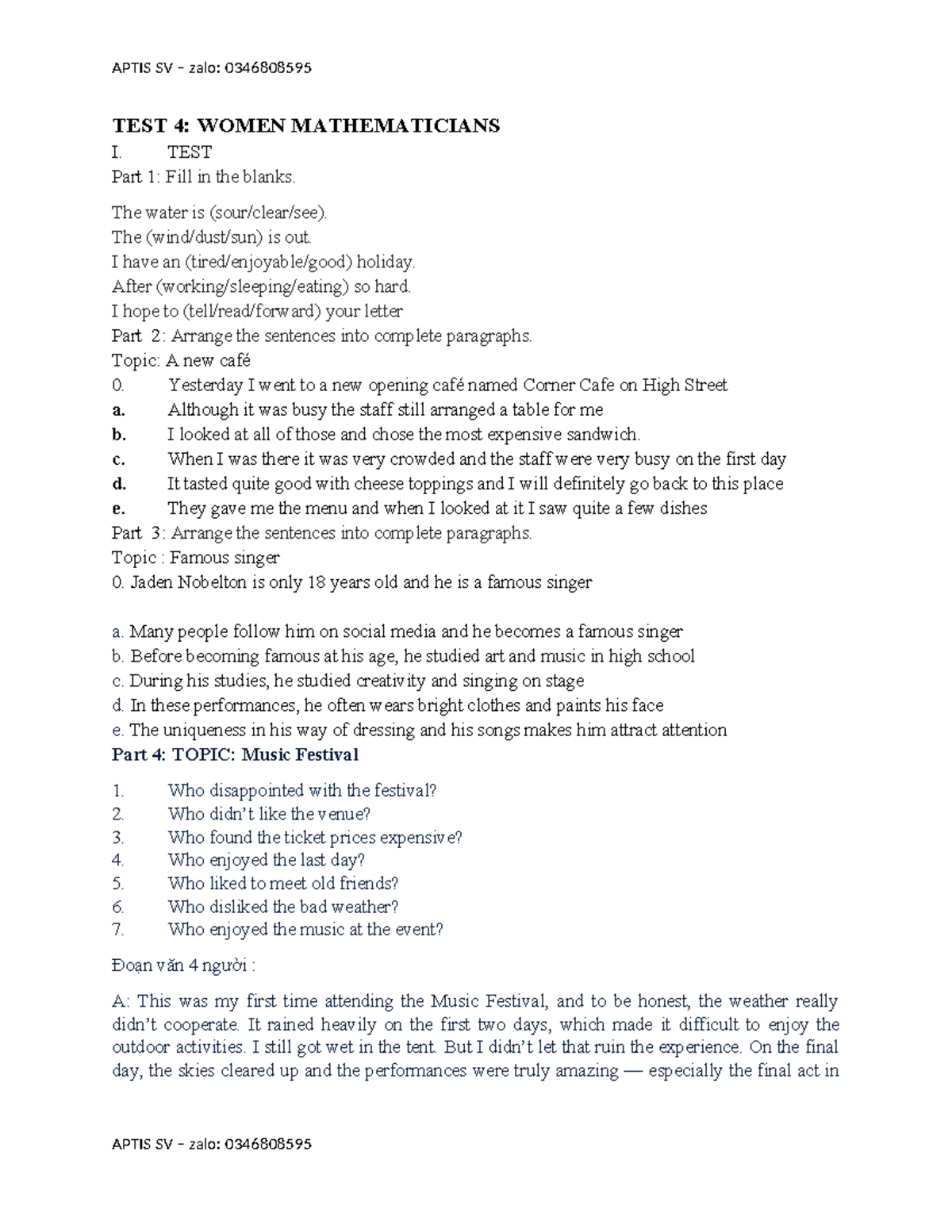 TEST 4: Reading Comprehension on Women Mathematicians - Studocu