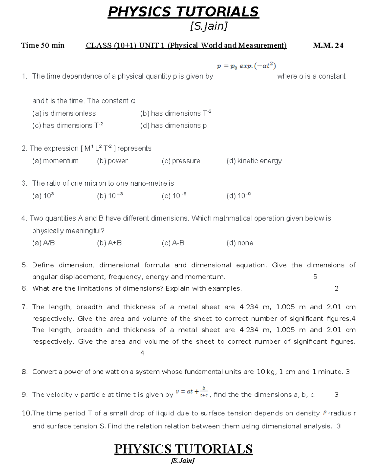 PHYSICS TUTORIALS UNIT 1: Physical World & Measurement Overview - Studocu